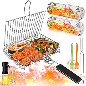 Grill Basket,11pcs Rolling Grill Baskets For Outdoor Grill With Barbeque Grilling Accessories,Stainless Steel Barbecue Folding Grill Basket With Handle,Brush,Portable Bbq Camping For Fish,Shrimp,Vegetables,Birthday Gifts For Men Dad