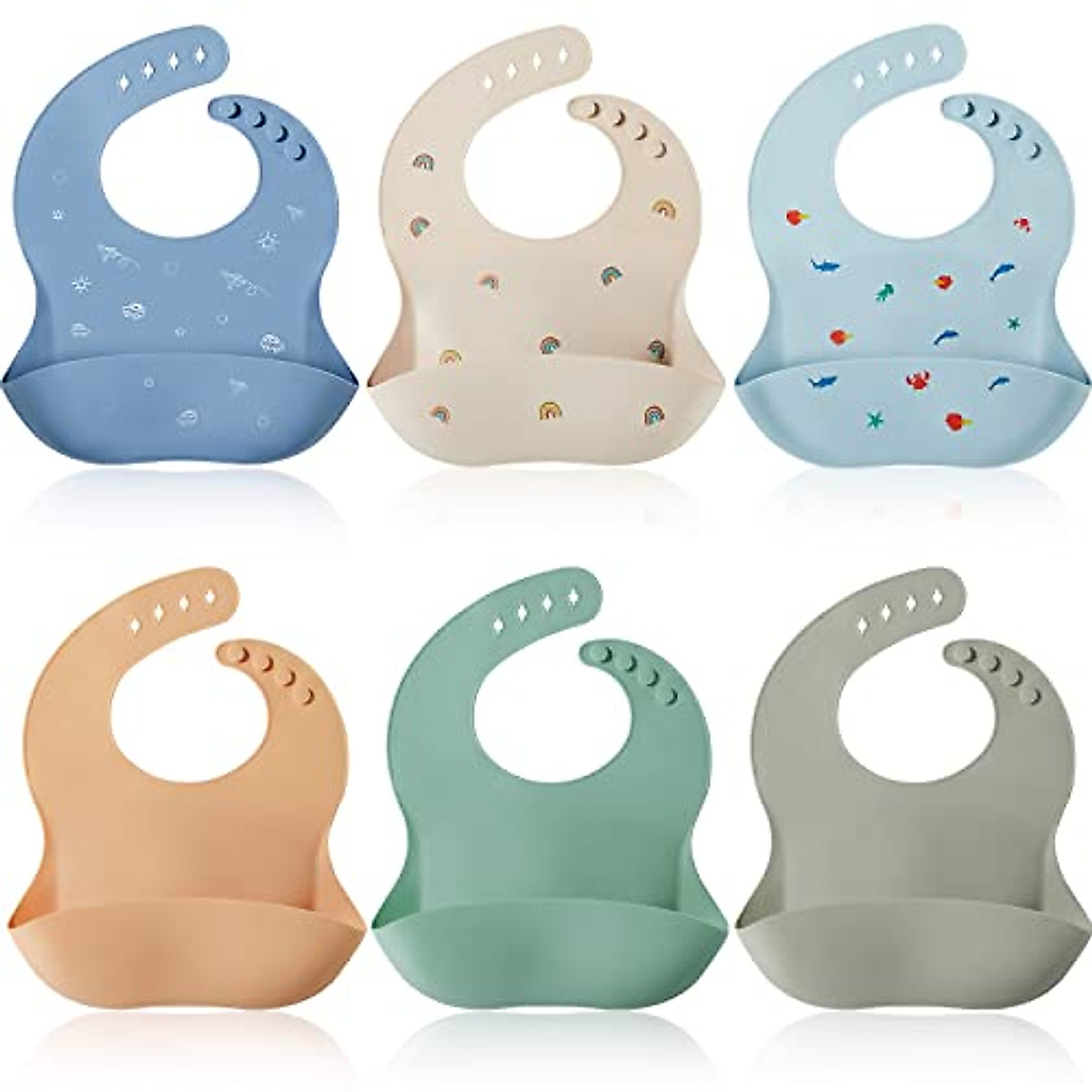 JaGely 6 Pcs Baby Silicone Bibs Soft Adjustable Fit Baby Bibs Waterproof Feeding Silicone Bibs with Food Catcher Pocket for Toddlers Girls Boys