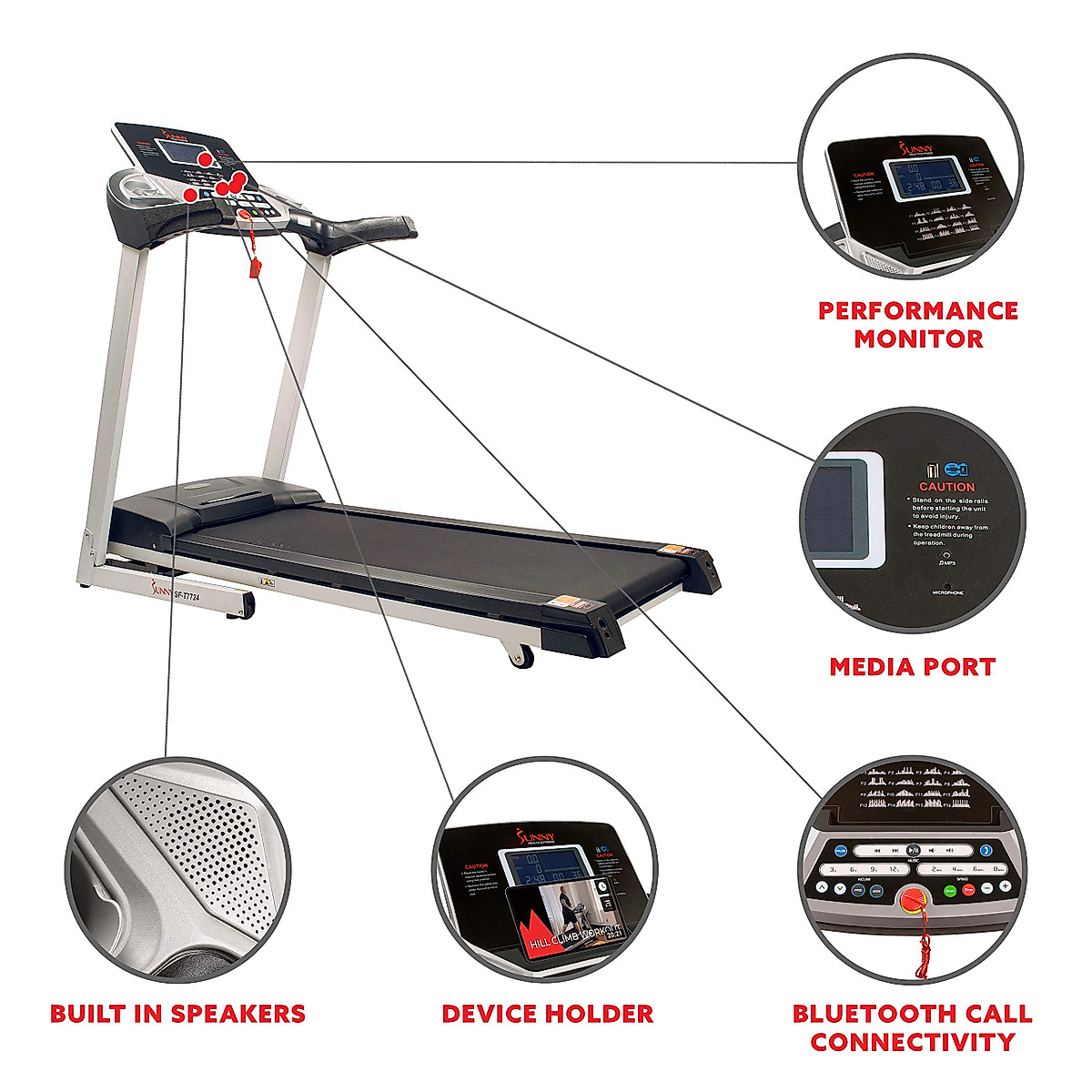 Sunny Health & Fitness Energy Flex Electric Treadmill with Bluetooth Connectivity, Automatic Incline, Speakers and 16 Preloaded Programs - SF-T7724, Gray