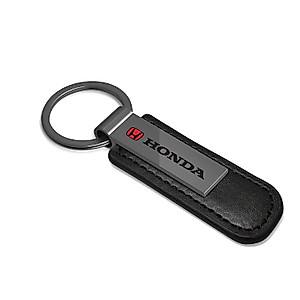 iPick Image for Honda Logo in Red Gunmetal Black Metal Plate PU Leather Strap Key Chain Keychain, Official Licensed