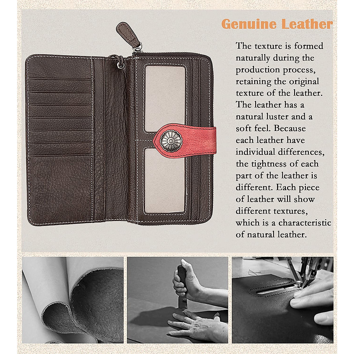 LETEULO Women's Leather Wallet Vintage Clutch Wallets Card Organizer Purse with Clutch Strap (Red)