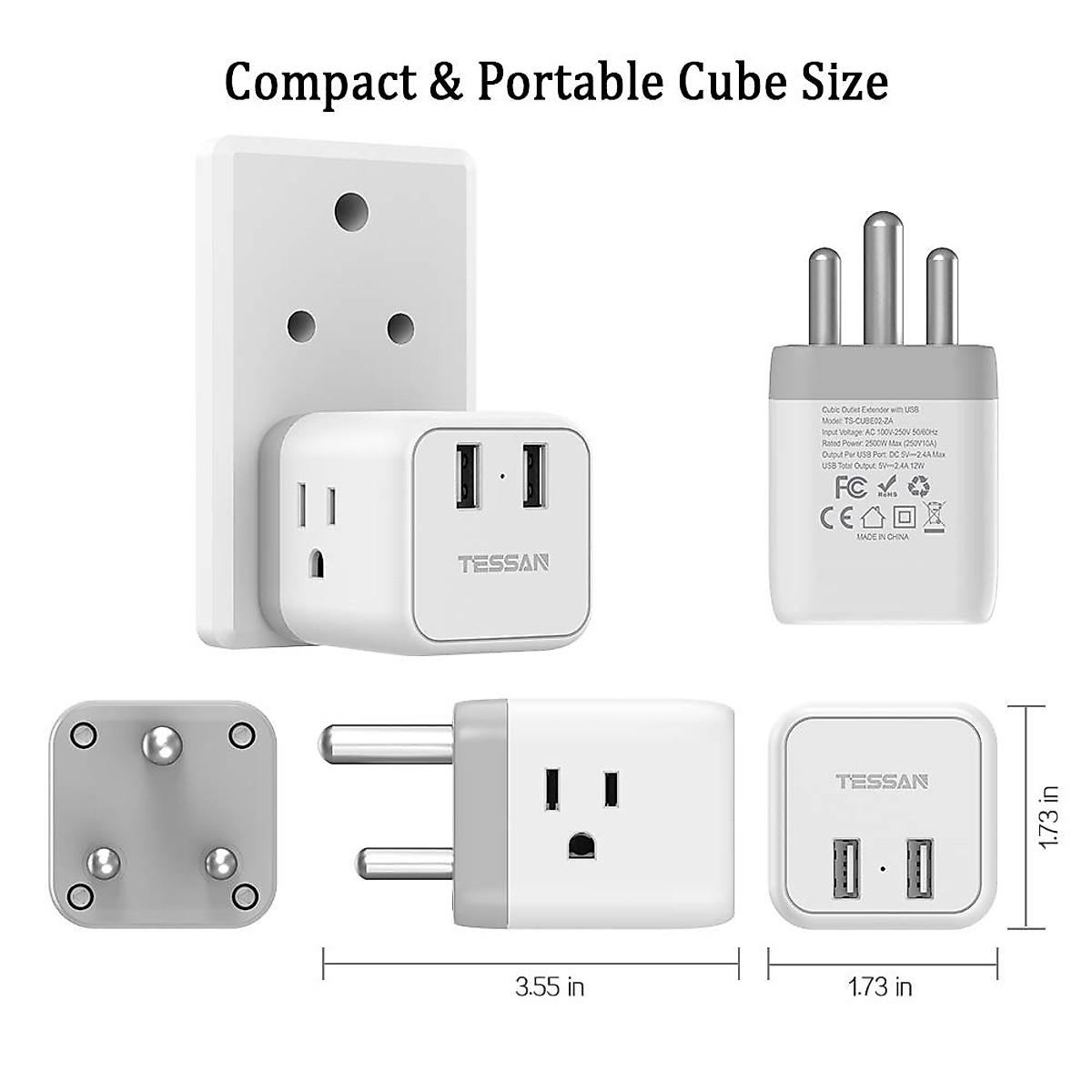 TESSAN South Africa Power Adapter, Type M Travel Adapter Plug with 3 US Outlets and 2 USB Ports, US to South Africa Plug Adapter Botswana - Safe Grounded