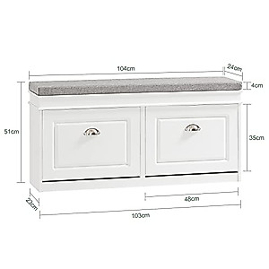 Haotian FSR64-W, White Storage Bench with Drawers & Padded Seat Cushion, Hallway Bench Shoe Cabinet Shoe Bench
