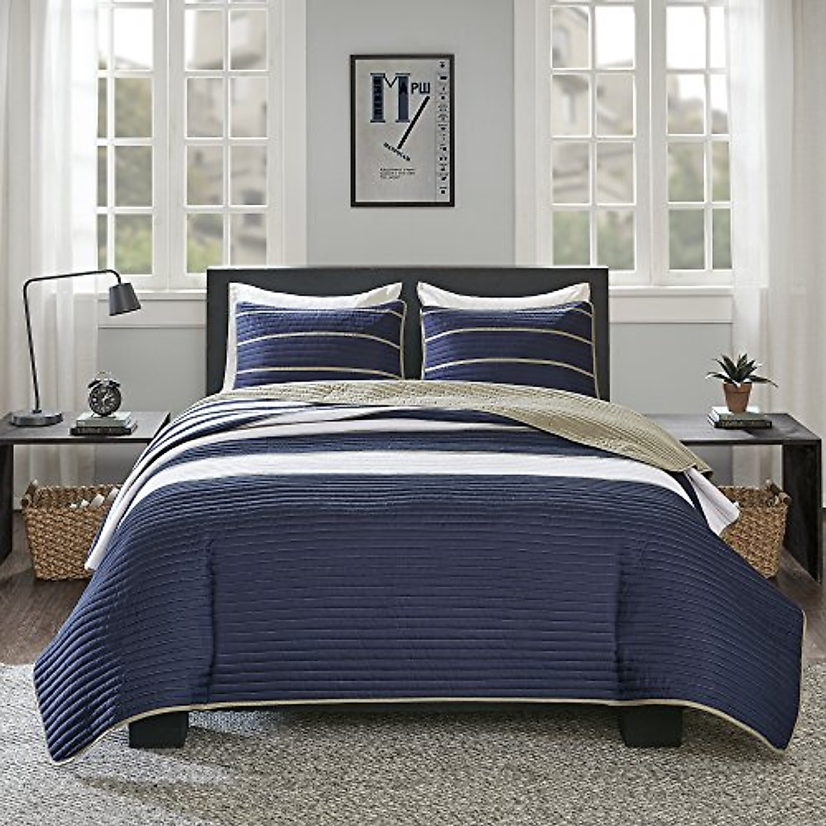 Comfort Spaces Quilt Set Trendy Casual Fun, Vibrant Color Design, Hypoallergenic All Season, Lightweight Coverlet Bedspread Cozy Kids Bedding & Sham Full/Queen Verone White Blue Stripe 3 Piece