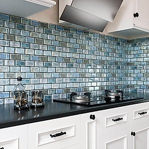 VANCORE Peel and Stick Backsplash for Kitchen: Self Adhesive Wall Tiles for Bathroom - 3D Subway Back Splash - 10 Sheets Vinyl Blue Waterproof Wallpaper with Real Marble Texture for Shower