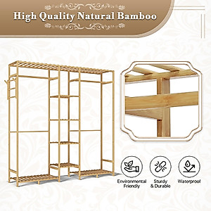 Athena Collection 59" Bamboo Garment Rack Multi Tier Clothes Rack Storage Shelves with Side Hook & Pants Rack, Heavy Duty Clothing Hanging Rack Freestanding Indoor Wardrobe Closet Organizer, Natural