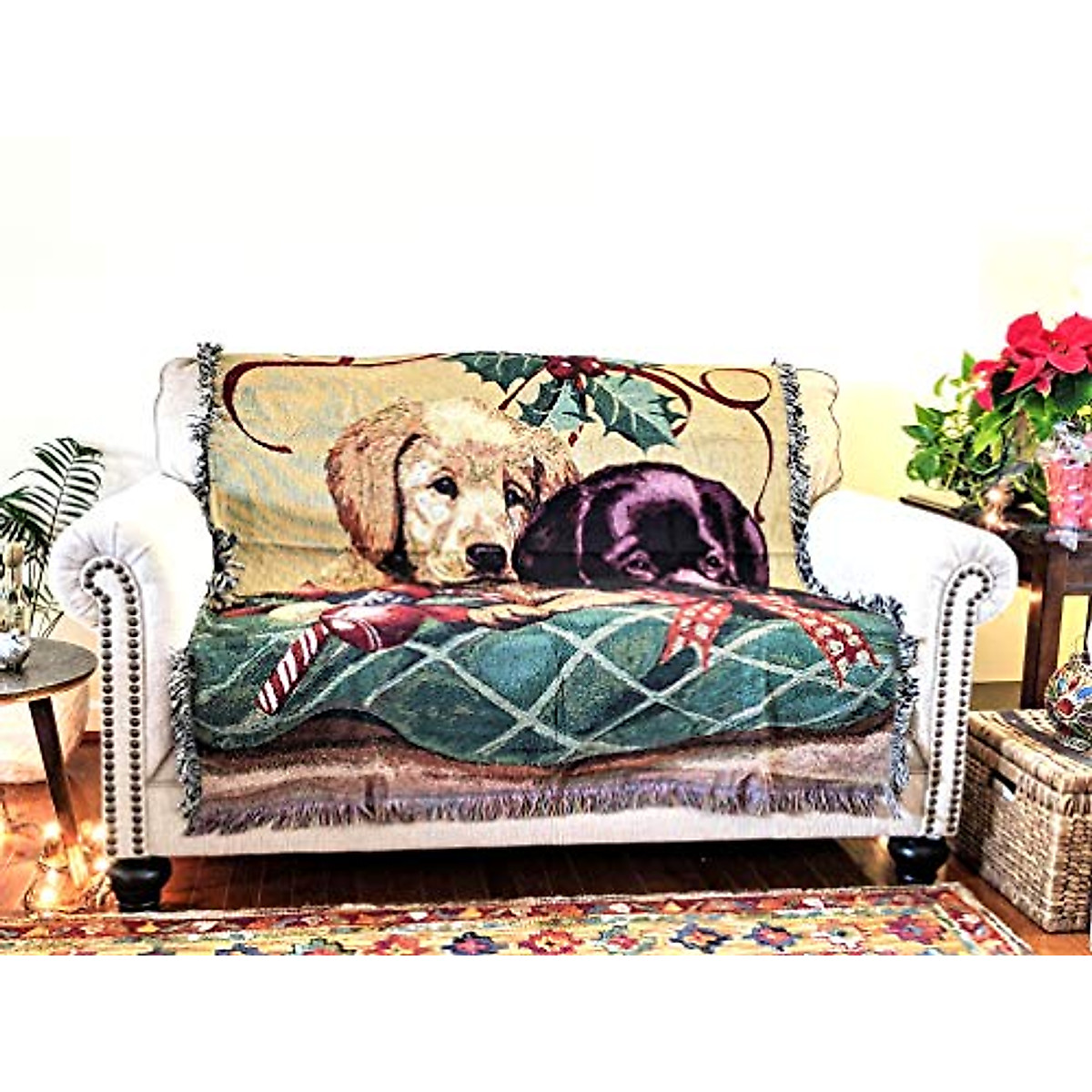 Labrador Retriever Dog Throw Blanket - Tache Adorable Puppy's First Christmas Holiday Animal Lover Gift Decorative Woven Tapestry Dog Throw Blanket, 50" x 60"
