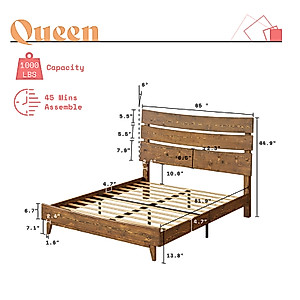 AMERLIFE Queen Size Solid Wood Platform Bed Frame with Wooden Headboard, No Box Spring Needed, Easy Assembly, Caramel
