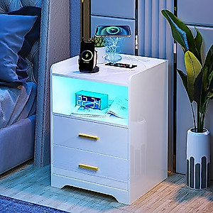 HNEBC Night Stand with Charging Station,LED Nightstand with Body Sensor Function, Smart Nightstand has RGB Lights Mode,Bedside Table with Drawers,Side Table for Bedroom/Living Room (White)