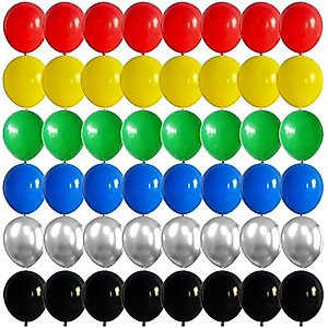 60 Pack Balloons Red Yellow Green Blue Black Party Balloons with Metallic Silver Helium Balloon, Superhero Rainbow Colorful Latex Balloons Set for Kids Birthday Carnival Superhero Themed Decorations