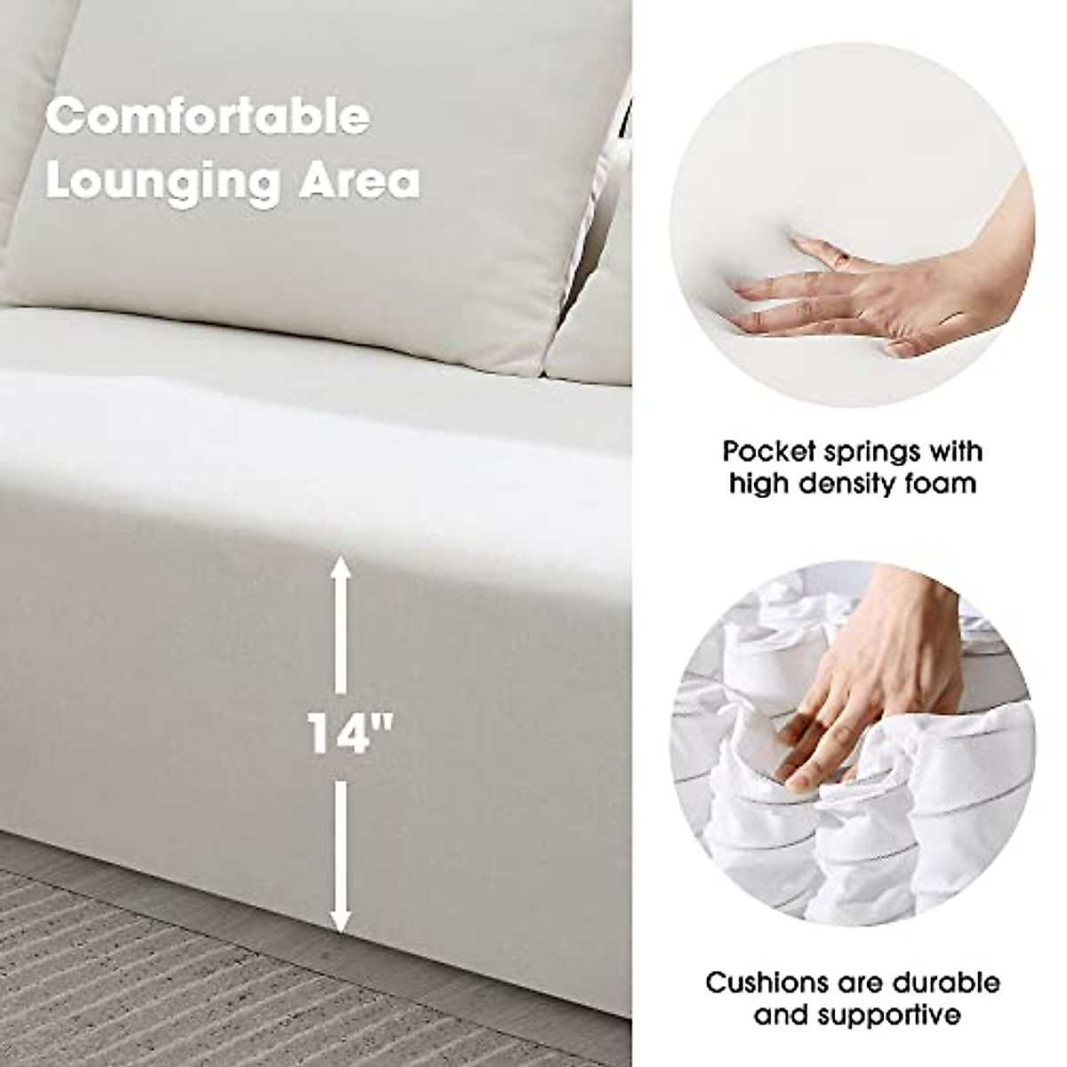 kevinplus 109" Modular Sectional Sofa Couch with Chaise Lounge for Living Room, Modern Contemporary Upholstered L-Shape Sleeper Sofa Couch, Free Combination & Chenille Fabric, White
