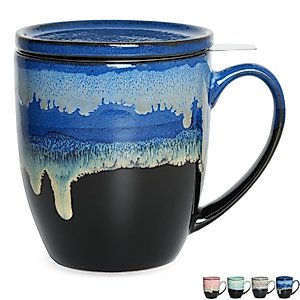 Bosmarlin Ceramic Tea Cup with Infuser and Lid, 16 Oz, 4 Color to Choose Dishwasher and Microwave Safe, Steeping Tea Mug with Strainer (Blue)