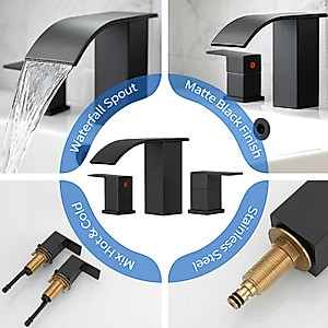 RUMOSE 8 inch Bathroom Faucets Set Matte Black Bathroom Sink Faucet 3 Hole with Pop Up Drain Widespread 2 Handles Stainless Steel Lavatory Vanity Faucet Waterfall Spout Bathroom Faucet Deck Mounted
