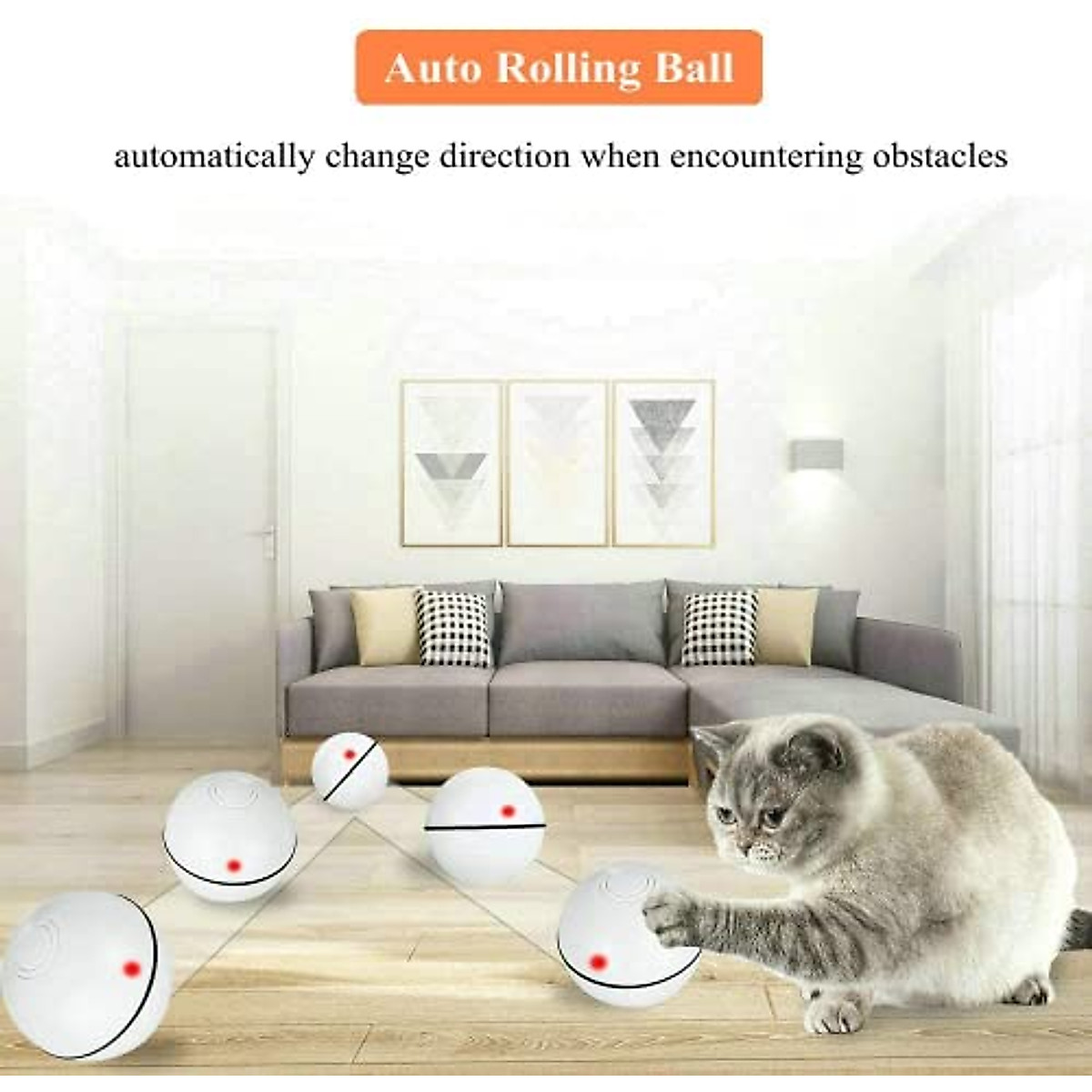 Pakoo Interactive Cat Toys Ball Smart Automatic Rolling Kitten Toys USB Rechargeable Motion Ball + Spinning Led Light with Timer Function The Best Entertainment Exercise Gift for Your Kitty
