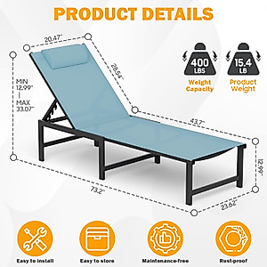 WOAJNQO Chaise Lounge Chair Outdoor,Aluminum Patio Lounge Chairs,Lounge Chairs with 5 Adjustable Backrest and Headrest Pillows for Outside Beach,Blue