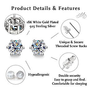 Moissanite Stud Earrings/No Poke Screw Back / 6 Prong / 4 CT / 8 MM/White Gold Vermeil/Colorless Flawless Lab Grown Diamond/Hypoallergenic/GRA Engraved/Gift Set