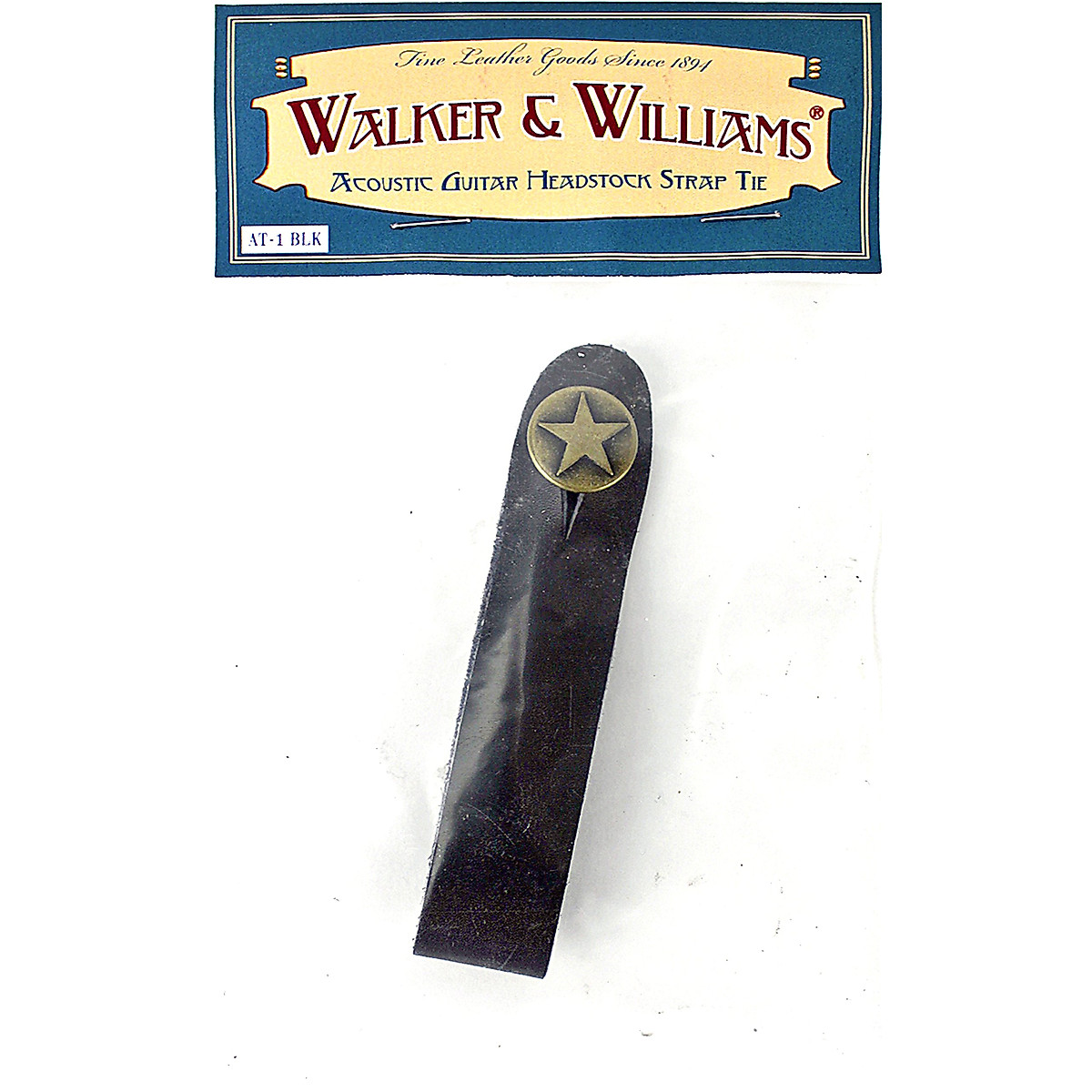 Walker & Williams AT-1 Black Leather Acoustic Guitar Strap Button Headstock Adaptor For Acoustic, Electric, And Bass Guitars