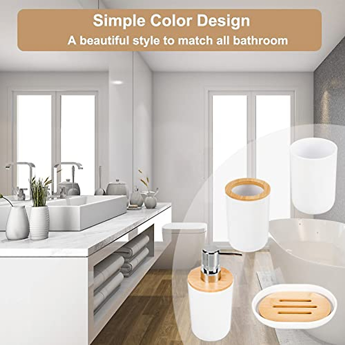 Bathroom Accessories Set, Set of 8 Piece Plastic Gift Set Toothbrush Holder,Toothbrush Cup,Soap Dispenser,Soap Dish,Toilet Brush Holder,Trash Can,Cotton Swab can for Bathroom (White bamboo-8pcs)