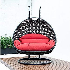 LeisureMod 2 Person Hanging Double Swing Chair, X-Large Wicker Rattan Egg Chair with Stand and Cushion for Indoor Outdoor Patio Garden (Red)