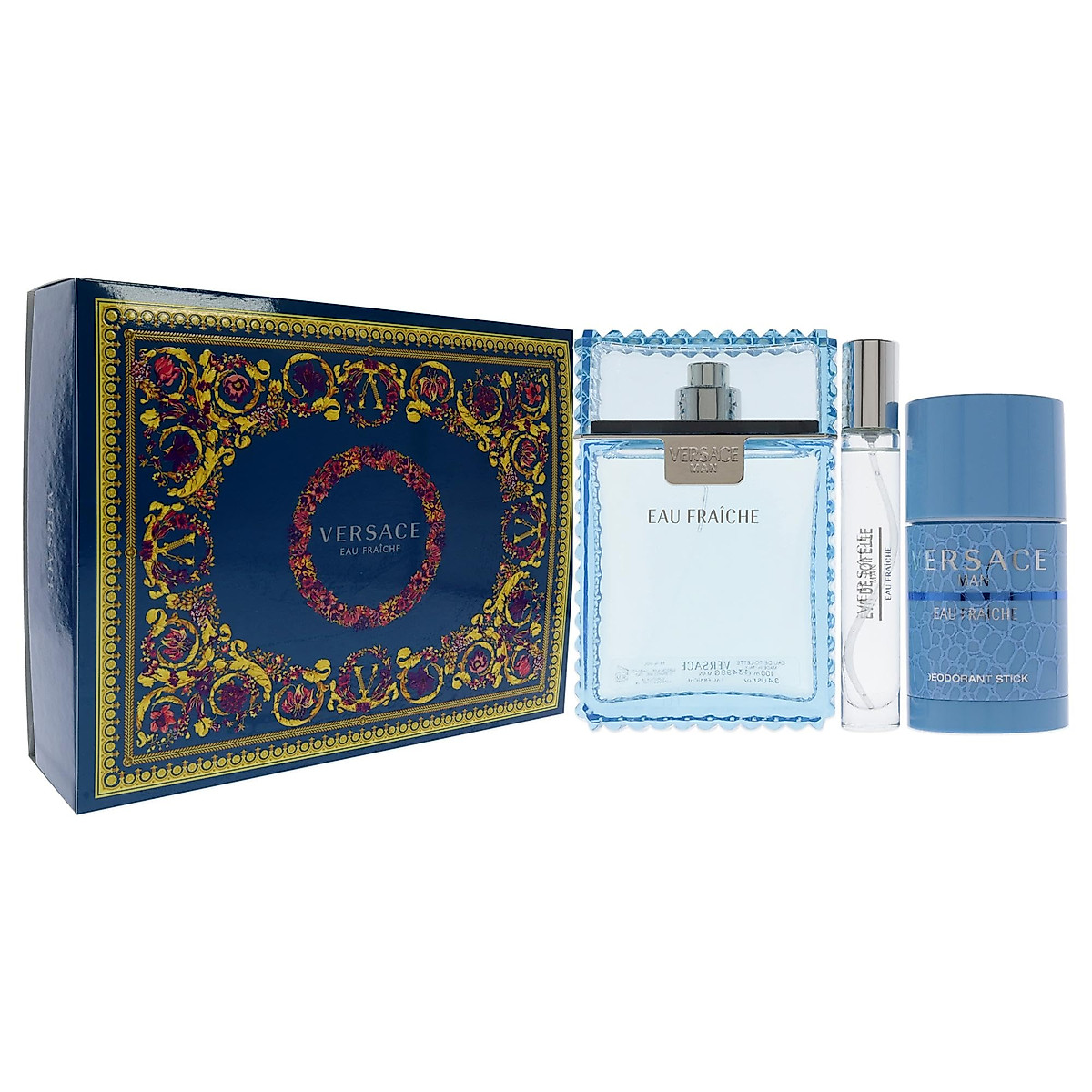 Versace Versace Eau Fraiche Men 3 Pc Gift Set 3.4oz EDT Spray, 2.5oz Deodorant Stick, 0.33 EDT Spray