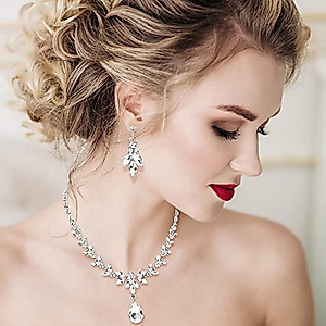 FIBO STEEL Wedding Jewelry for Bride Bridesmaid Crystal Rhinestone Teardrop Earrings Necklace Bracelets Jewelry Set for Women Party Wedding Prom Jewelry Adjustable B