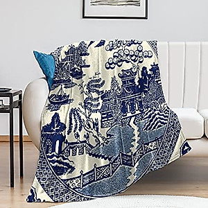 Ancient China Blue Willow Chinoiserie Flannel Fleece Throw Blankets 50"X40" Lightweight Fluffy Winter Fall Blanket Cozy Soft Fuzzy Plush Home Decor for Couch Bed Sofa Bedroom Living Room Travel