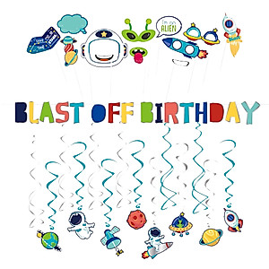 Serves 24 Ultimate Outer Space Party Supplies 9" Plates 7" Plates 24 Cups 2 Table Cover 24 Napkins 24 Straws 1 Blast off Birthday Banner 14 Swirls 12 Photo Props Cake Topper 30 Balloons 12 Candles