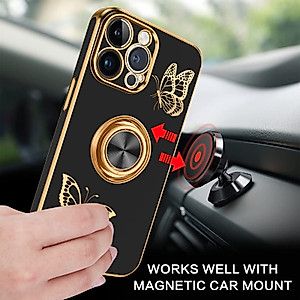 BENTOBEN for iPhone 14 Pro Max Case with Ring Holder, Butterfly Design Women Girl Phone Case Slim Fit Luxury Shockproof Non-Slip Support Car Mount Protective Case for iPhone 14 Pro Max 6.7",Black
