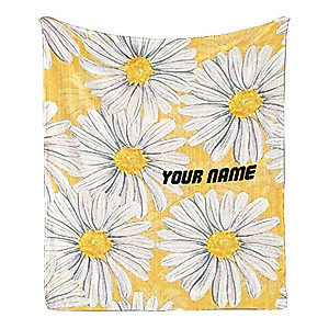 CUXWEOT Custom Blanket with Name Text,Personalized Watercolor Daisy Flowers Super Soft Fleece Throw Blanket for Couch Sofa Bed (50 X 60 inches)