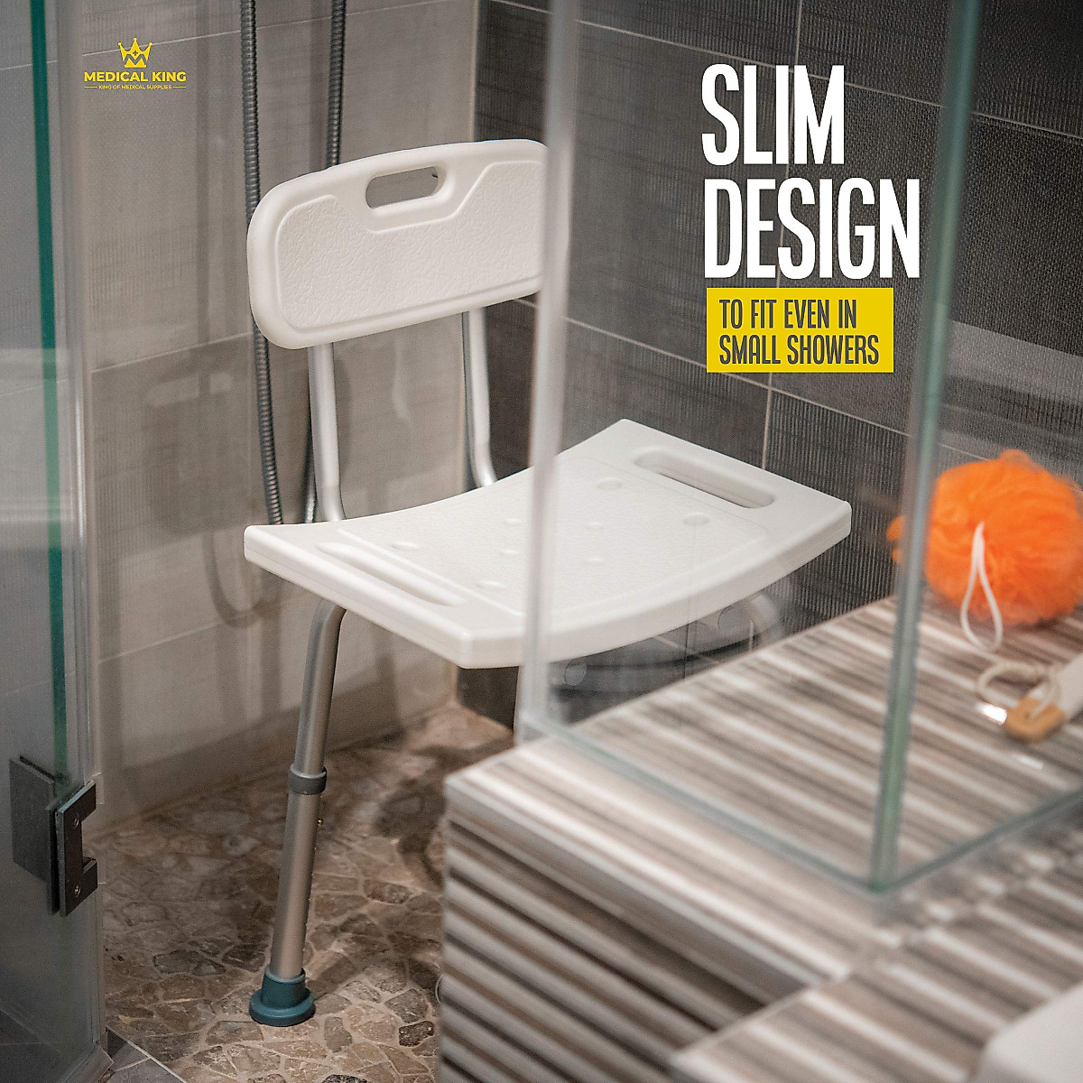 Shower Chair Set of 3 - Includes Back Scrubber & Additional Sponge - Anti Slip for Safety, with 8 Adjustable Heights Portable - Tool Free Shower Chair for Elderly - Bath Chair for Elderly