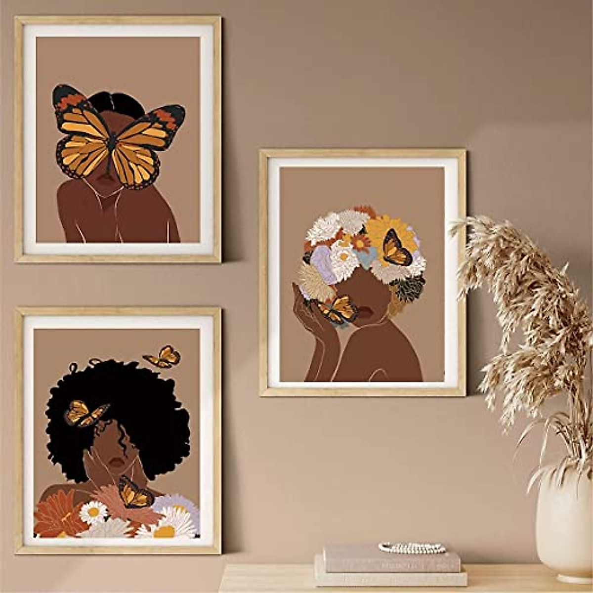 MUELOSY African American Woman Art, Fashion Art, Woman Fashion Portrait, Black Girl wall Art, Black Woman with Butterfly With Flower Wall Art Cavans Décor,12x16in set of 3 (Frameless Canvas)