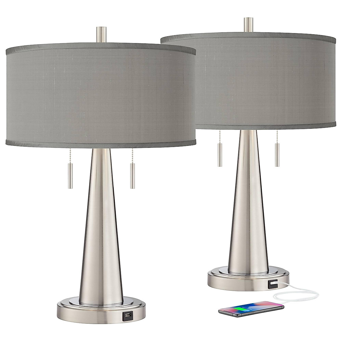 Possini Euro Design Vicki Modern Accent Table Lamps 23" High Set of 2 with USB Charging Port Brushed Nickel Gray Faux Silk Drum Shade for Living Room Desk Bedroom House Bedside Nightstand Home