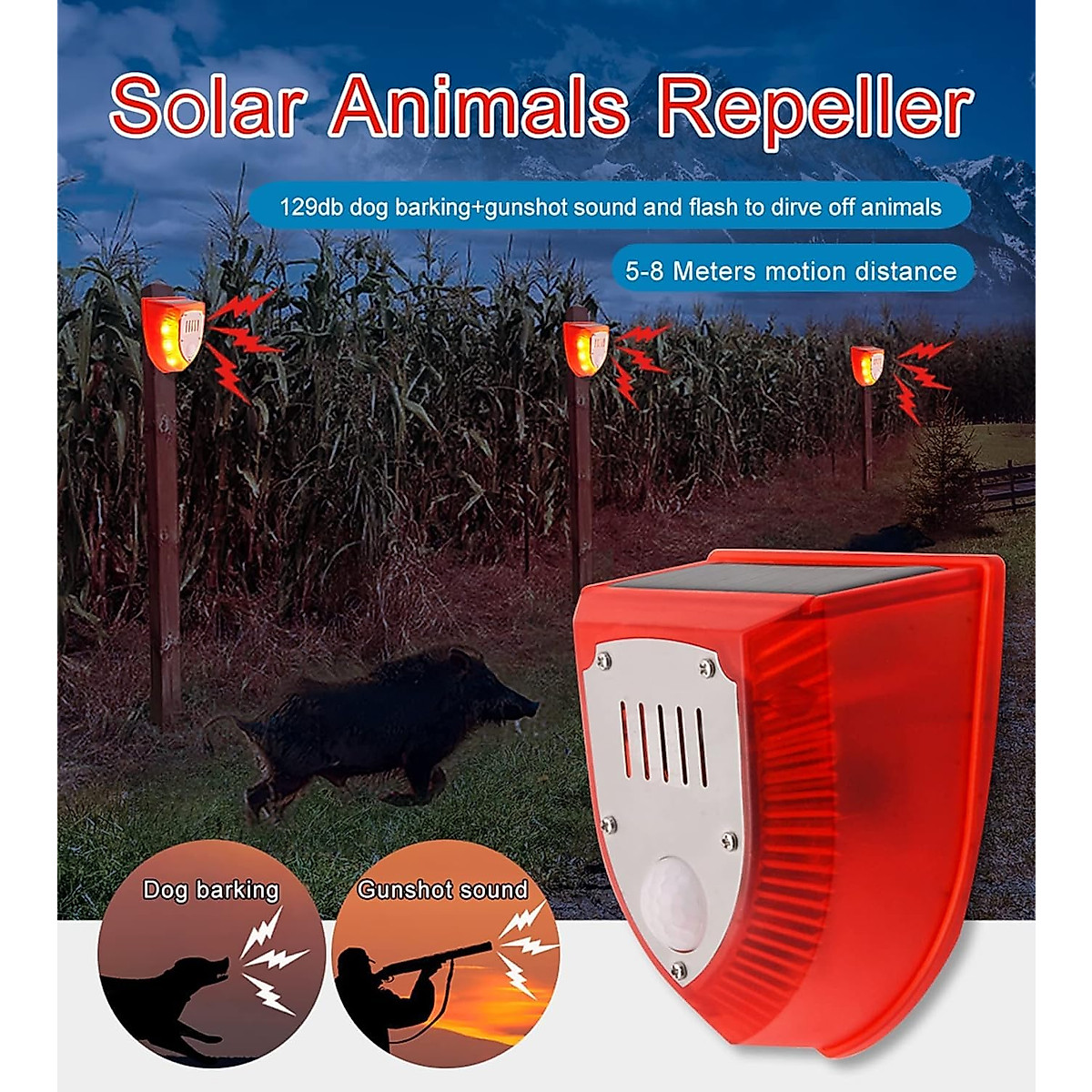 Solar Security Alarm Lights, 129dB Gunshot Sounds & Dog Barking Sound & Light Strobe Light Warning Lamp for Outdoor Farm Barn