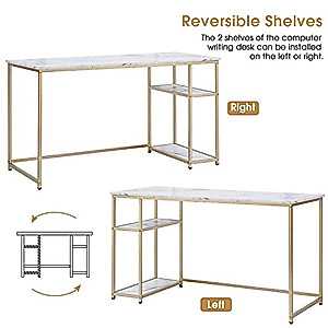 ivinta Computer Desk with Shelves, Office Desk for Living Room,Small Desk with Storage Space, Home Office Desks, Vanity Desk with Gold Legs PC Laptop Table (White, 55")