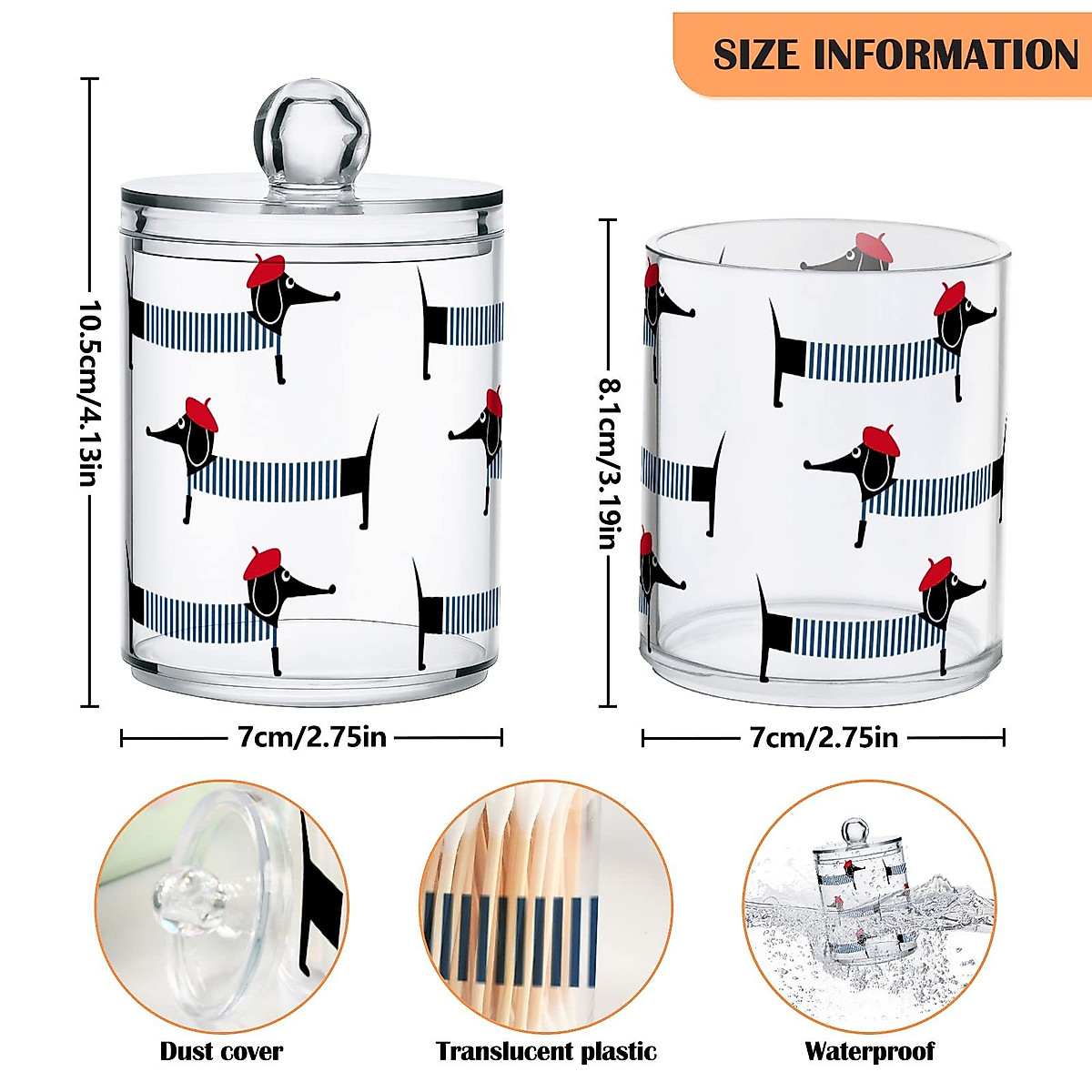 Fustylead 4 Pack Dachshunds Plastic Apothecary Jars with Lid, Bathroom Vanity Storage Organizer Canister for Qtip, Cotton Ball, Swab, Round Pads, Floss