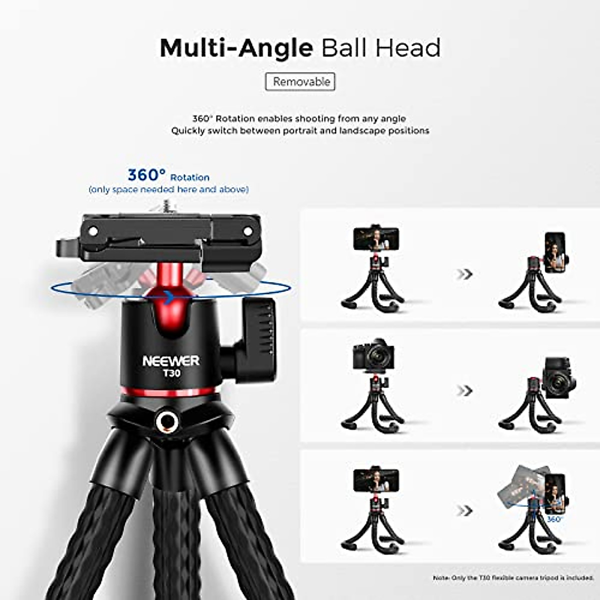 NEEWER Camera Flexible Tripod with Remote Shutter, Mount Adapter for Hero 11 10 9 8, Hidden Phone Holder with Cold Shoe, 1/4" Screw for Magic Arm, Bendable Vlogging Tripod, Load Up to 4.4lb - T30