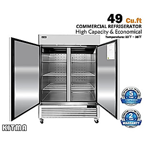 KITMA 54-inch Commercial Refrigerators, 2 doors Reach-in Refrigerator Cooler with LED Lighting, Stainless steel, 49 Cu. Ft