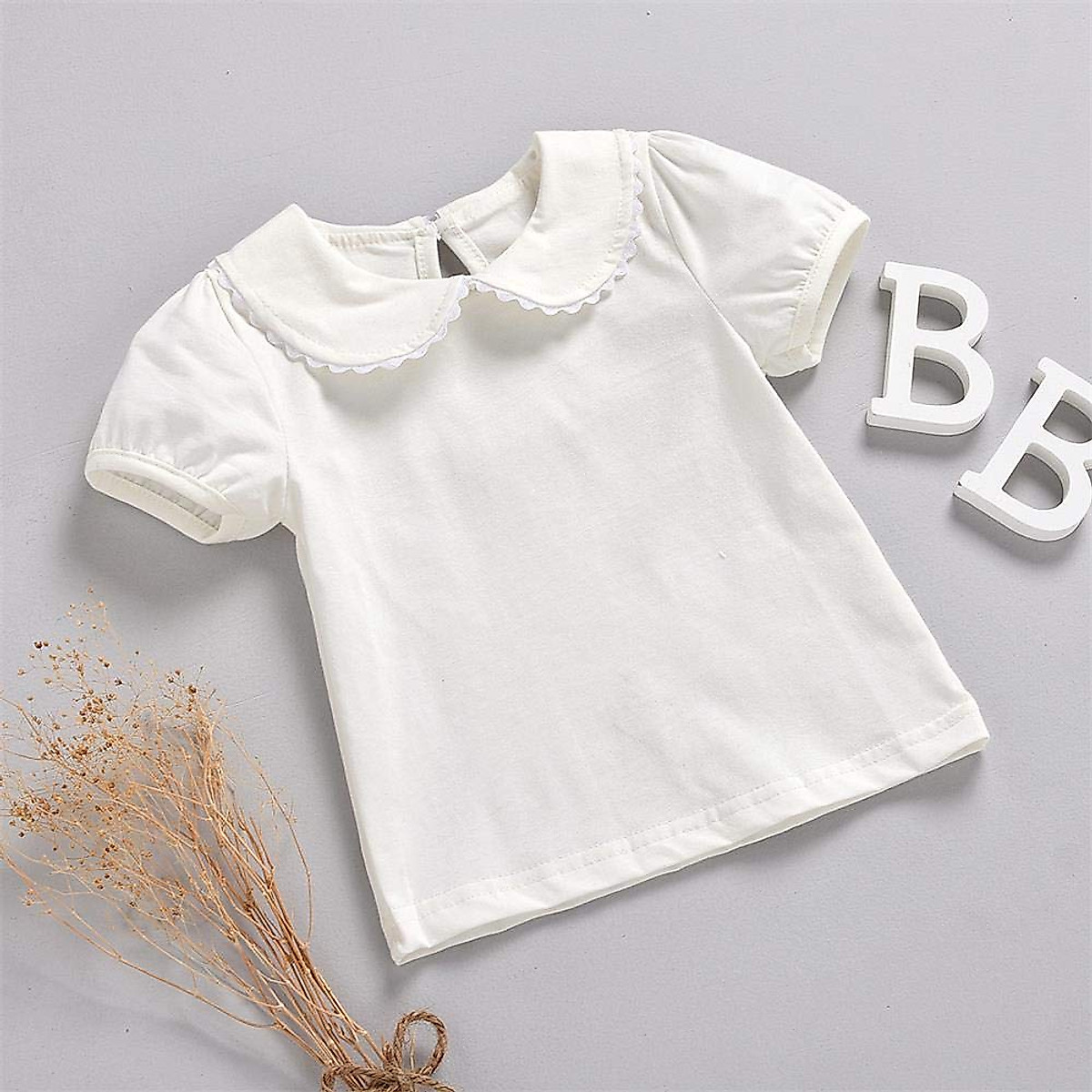 MODNTOGA Kids Baby Girl Long Sleeve Collar Shirt Toddler White Blouse Puff Short Sleeve T-Shirt Solid Color Basic Top Bottom (E(Off-White), 2-3 Years(100))