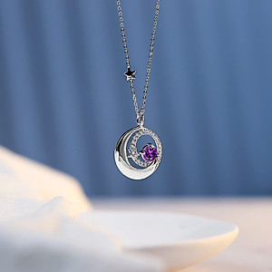 FANCIME 925 Sterling Silver February Birthstone Amethyst Necklace Moon Star Pendant Purple Gemstone Jewelry Birthday Anniversary Christmas Gifts for Women Daughter