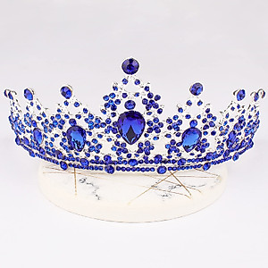 CAVETEE Blue Baroque Queen Crown for Women Birthday Tiara Luxurious Rhinestones Crown Wedding Bridal Crown Birthday Party Headbands Princess Party Prom Blue Tiaras and Crowns for Women Girls