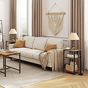 Hoctieon End Table with Charging Station, 3 Tier Nightstand with Storage Shelf, Side Table with USB Ports and Outlets, Bedside Table for Living Room, Bedroom, Steel Frame, Rustic Brown