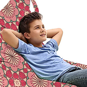 Ambesonne Pink Lounger Chair Bag, Artwork of Inspired Theme Ethnic Elements in Oriental Style Floral Composition, High Capacity Storage with Handle Container, Lounger Size, Coral