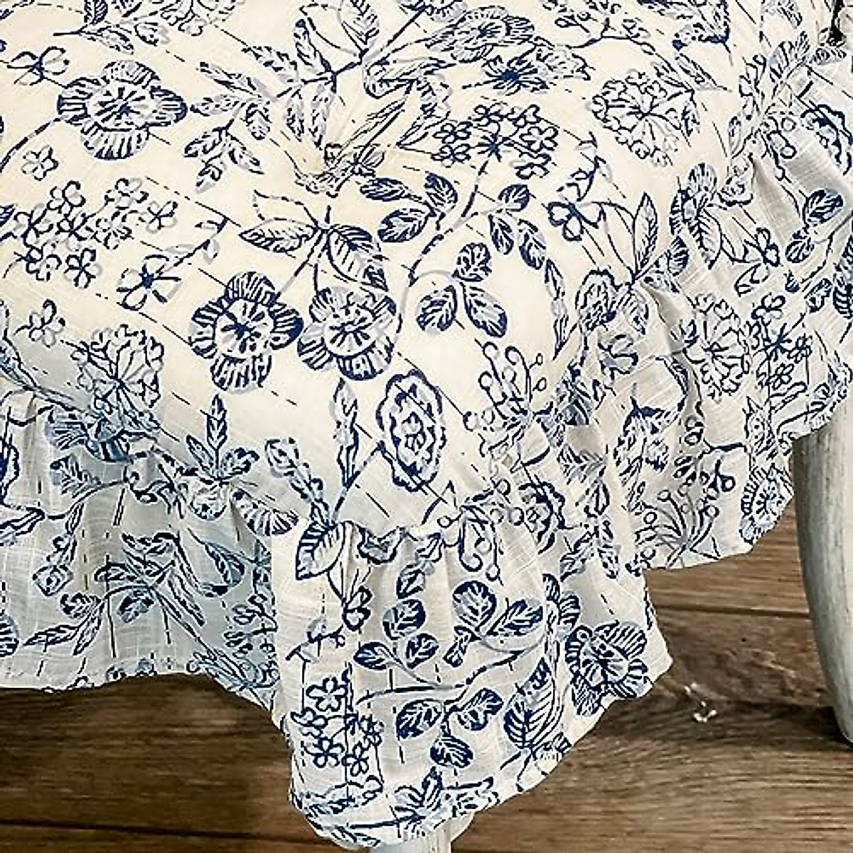 Piper Classics Doylestown Floral Ruffled Chair Pad 16" x 16", Blue & Cream Flower Print, Vintage Farmhouse, Country Cottage Chair Cushion
