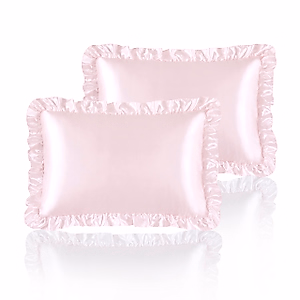 HommxJF Silky Pink Satin Ruffled Pillow Cases for Hair and Skin,Blush Pink Silk Pillowcases Standard Set of 2 with Envelope Closure Princess Room Decoration
