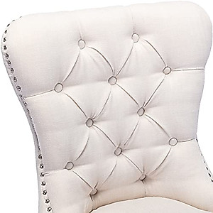 chairus Dining Chairs Set of 2 with Tufted High Back Retro Linen Fabric Upholstered Dining Room Chairs Side Chairs Rustic White Wood Legs Nailhead Trim Ring Pull- Beige 2PCS