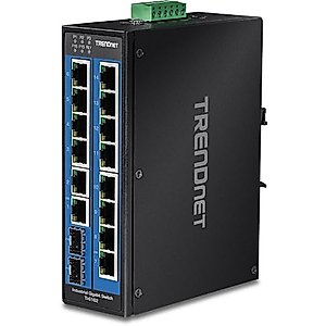 TRENDnet 16-Port Hardened Industrial Unmanaged Gigabit DIN-Rail Switch, TI-G162, 14 x Gigabit Ports, 2 x Gigabit SFP Slots,32Gbps Switching Capacity, IP30 Ethernet Network Switch, Lifetime Protection