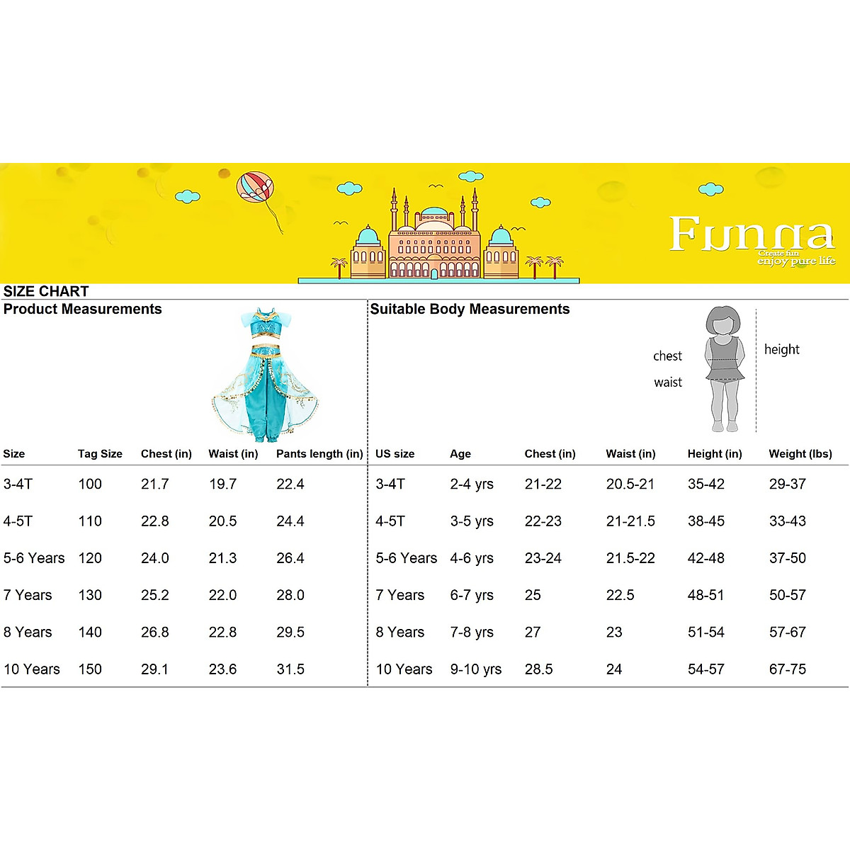 Funna Costume for Girls Princess Kids Dress Up Outfit Party Supplies Blue, 4-5T