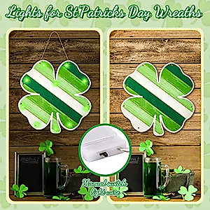 Bucherry 2 Pcs St Patricks Day Lighted Wooden Door Decorations 12" Hat Shamrock Irish Hanging Welcome Door Sign, 2 Pcs 3 ft 10 LED Fairy Lights Green Battery Operated Lights St Patricks Day Home Decor