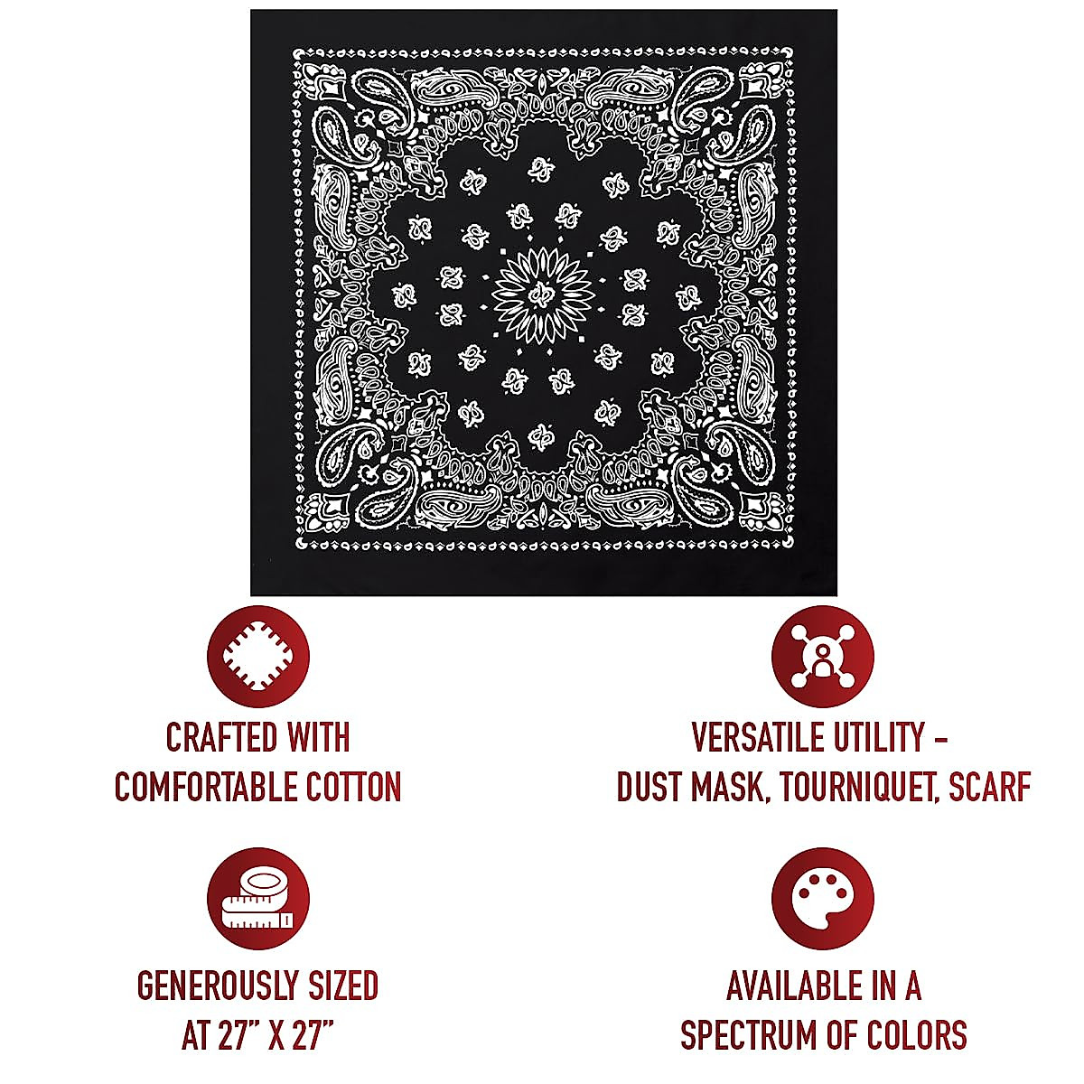 Rothco Trainmen Paisley Bandana – Extra-Large - 27" X 27" - Black