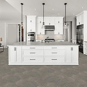 Self Adhesive Hexagon Vinyl Floor Tiles, 20 Tiles - 9" x 10.4", Floor Galore Graphite Pattern - Peel & Stick, DIY Flooring for Kitchen, Dining Room, Bedrooms & Bathrooms by Achim Home Decor